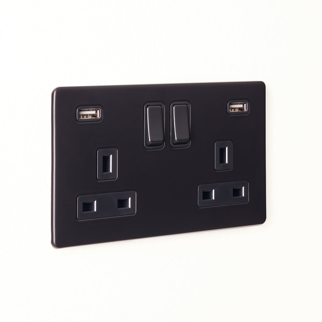 Florence two gang switched SP socket and dual USB in black