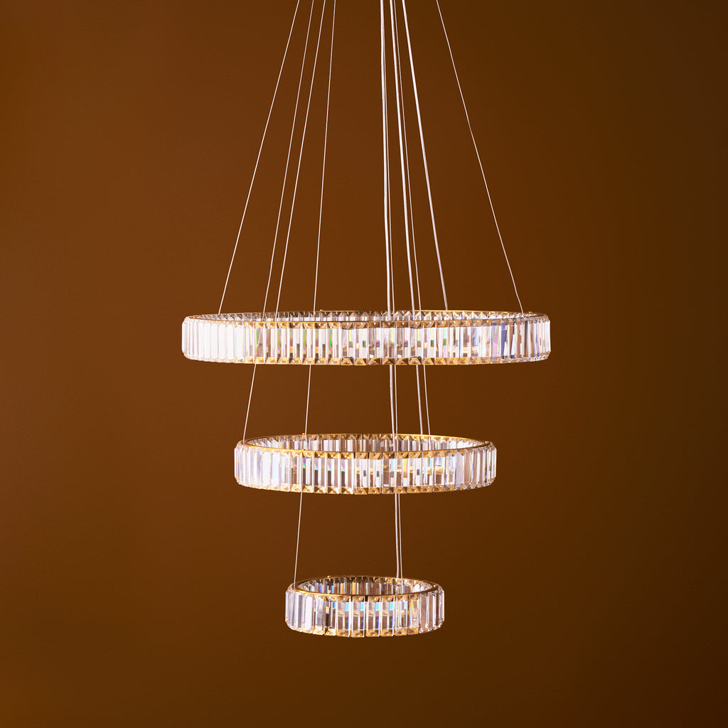 Wonderella 3 ring chandelier in clear glass and brass