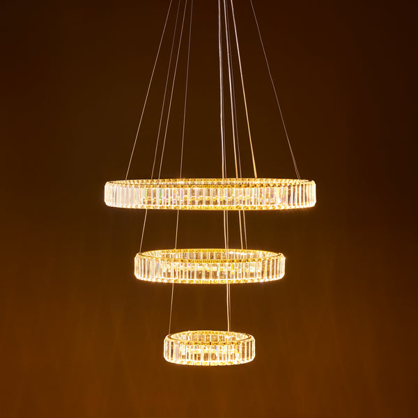 Wonderella 3 ring chandelier in clear glass and brass