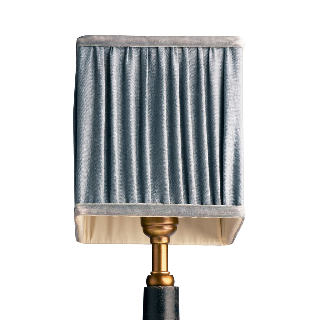 12.5cm tall square gathered shade in Moonstone silk with velvet tape
