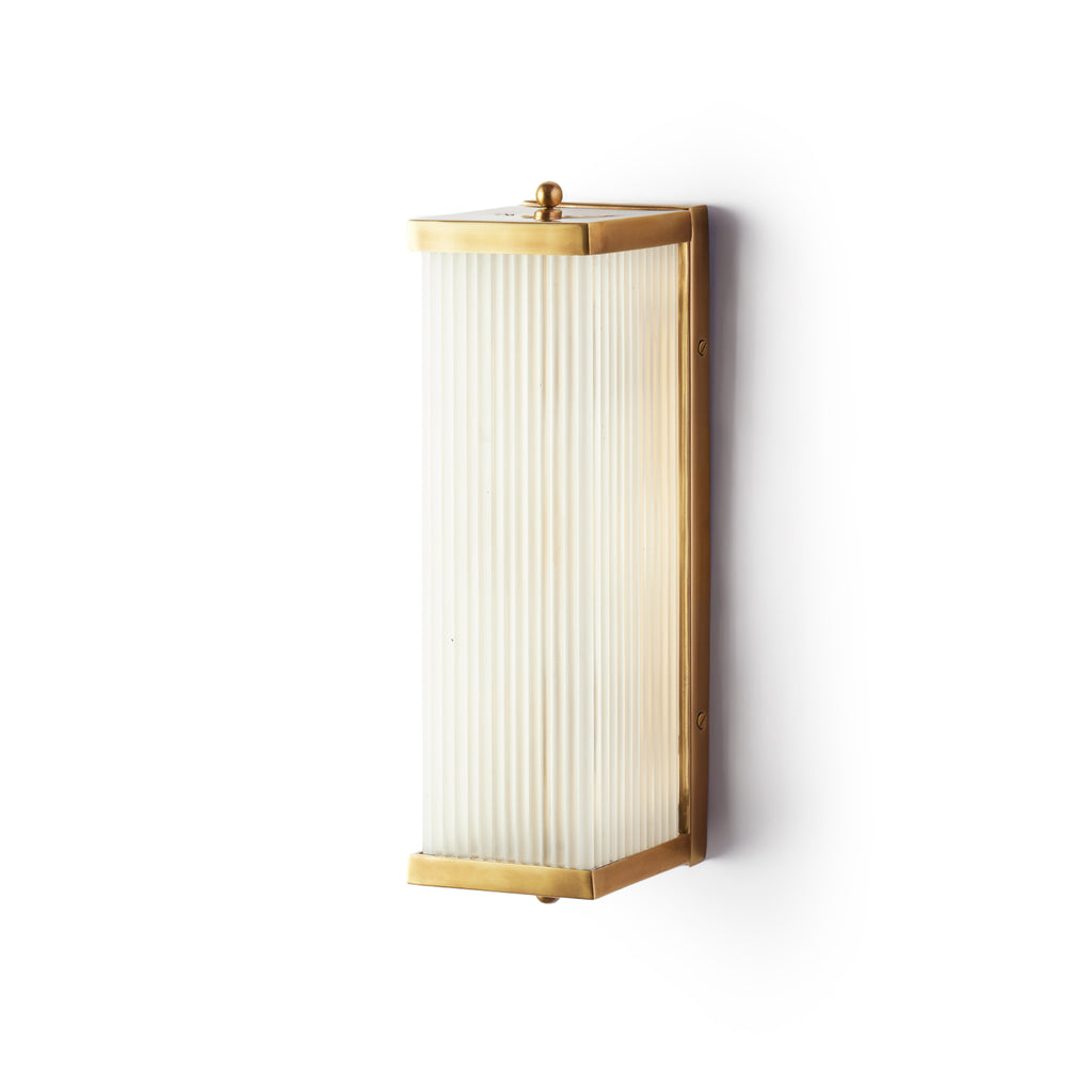 Rectangular Roddy IP44 rated wall light in brass and frosted glass