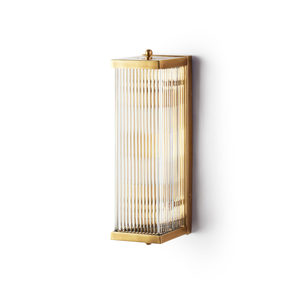 Rectangular Roddy IP44 rated wall light in brass and glass