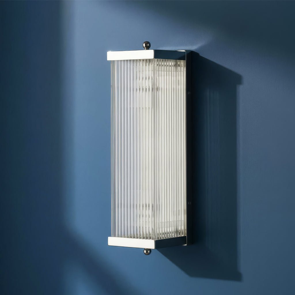 Rectangular Roddy IP44 rated wall light in nickel and glass