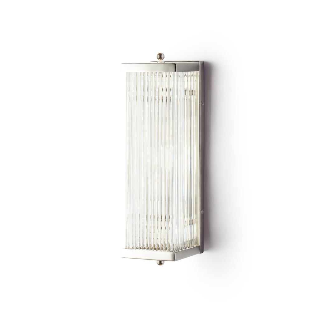 Rectangular Roddy IP44 rated wall light in nickel and glass