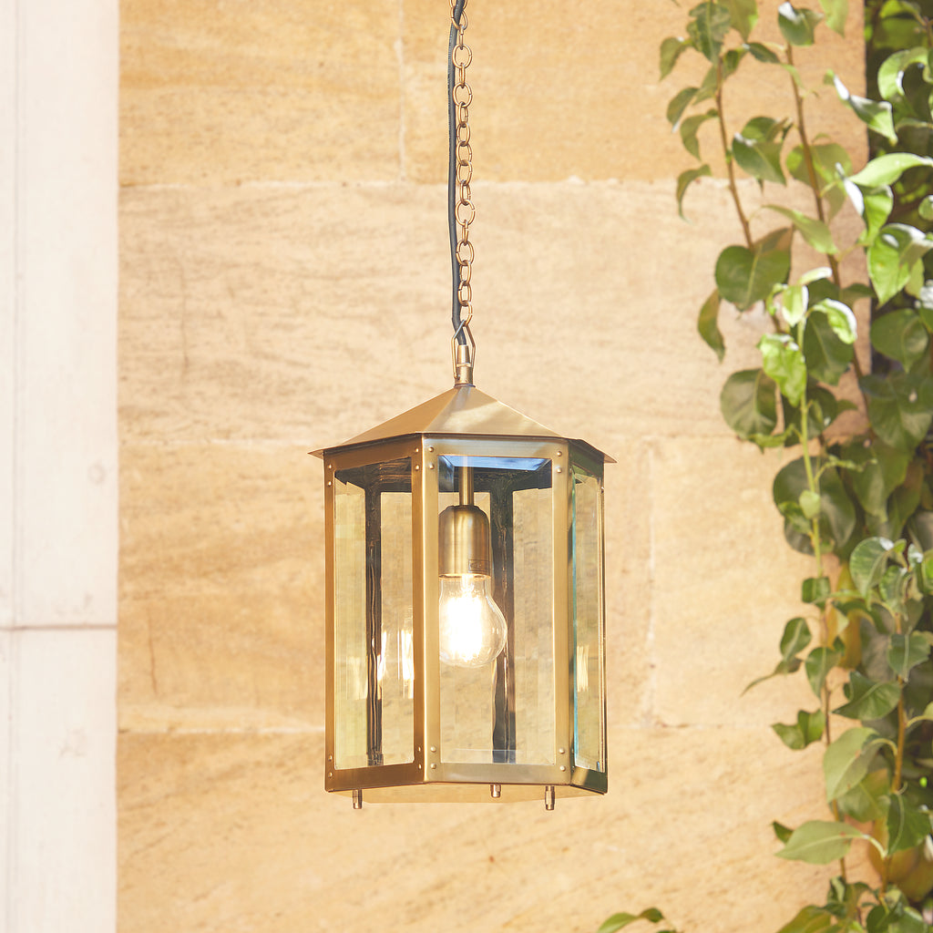 Cromer IP44 exterior hanging lantern in antique brass