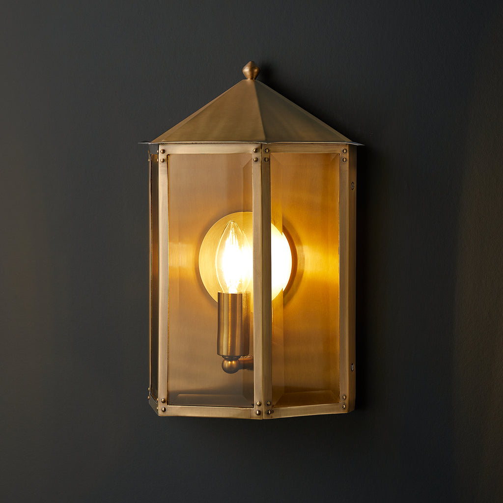 St Ives IP44 exterior wall light with brass reflector in antique brass