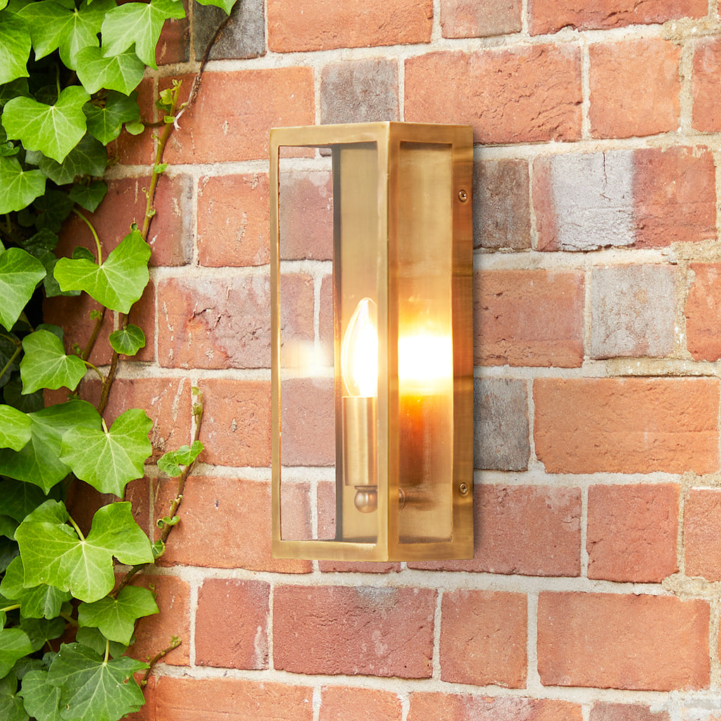 Orford long and thin IP44 exterior wall light in antique brass