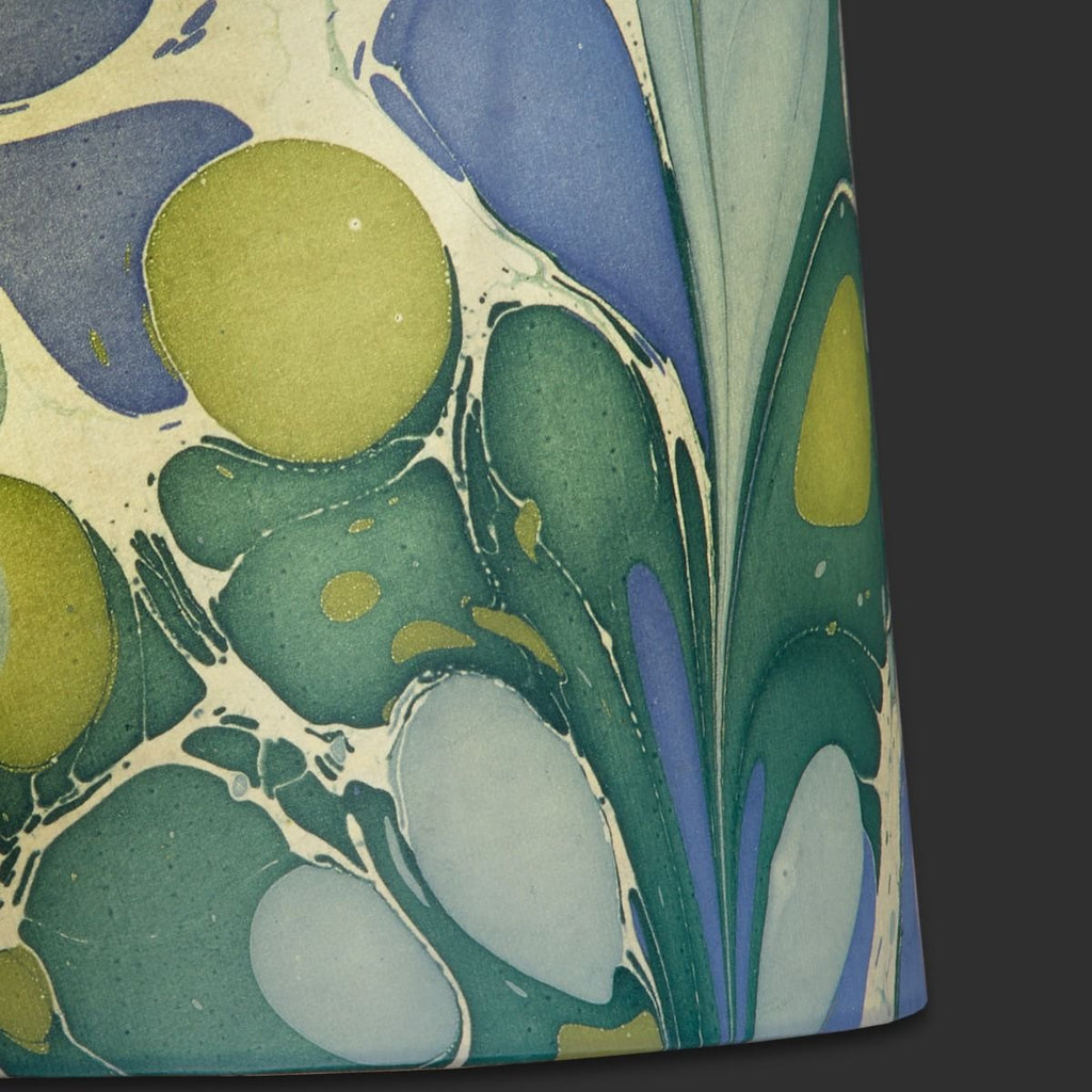 25cm Tall Tapered hand made marbled paper shade in green and blue roya